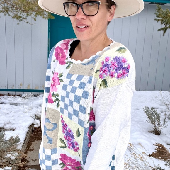 Avon | Sweaters | Vintage Avon Knit Quilt Block Grandmacore Floral ...